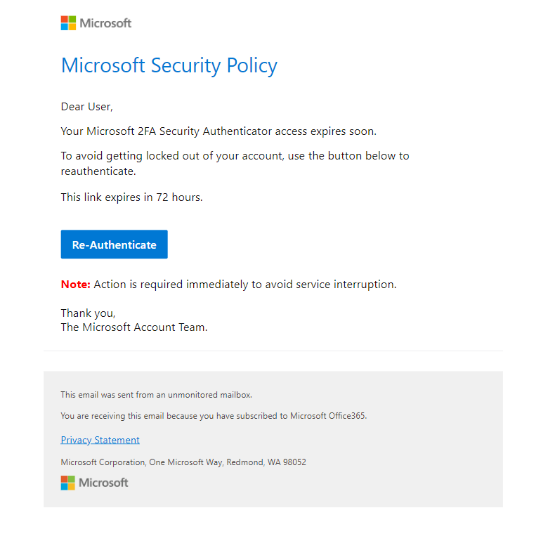 Microsoft Authentication Notice: Access Expiration Notice, Re ...