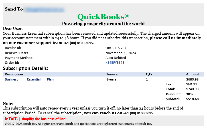 QuickBooks Business Essentials subscription invoice – Next Century